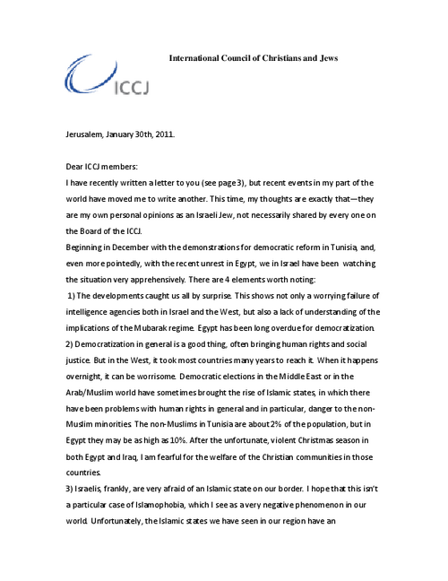 ICCJ: The recent events in Egypt, Dr. Weissman