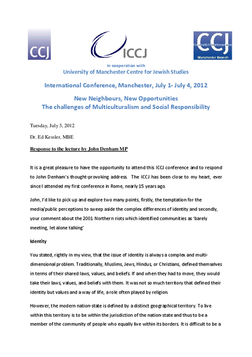 ICCJ: Dr. Ed Kessler, MBE: Response to the lecture by John Denham MP